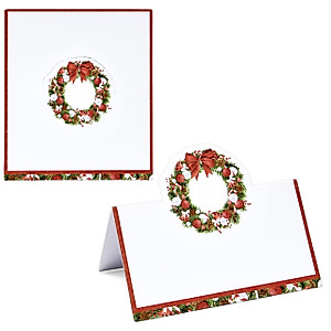 Gift Boutique 100 Pack Christmas Place Cards Holiday Seating Name Card Die Cut Xmas Wreath Table Setting Folded Paper Tent Cards for Dinner Wedding Tables Placement Party Decorations 2" x 3.5"