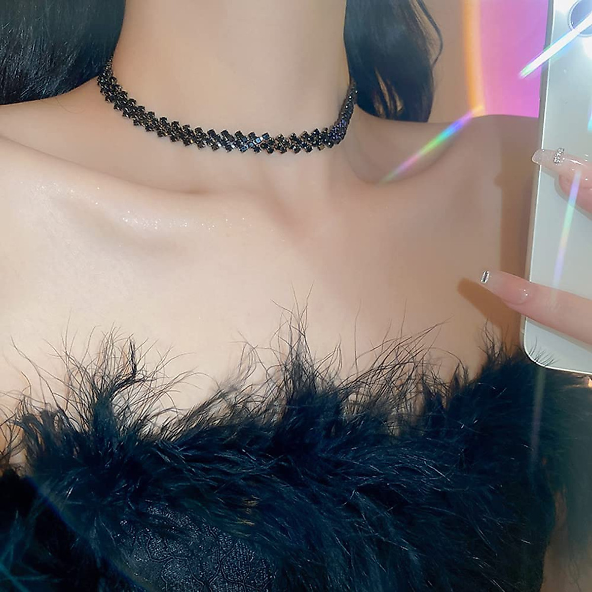 Jumwrit Rhinestone Choker Necklace Black Square Rhinestone Necklace Fashion Prom Party Sparkle Rhinestone Row Chain Necklace for Women Girls