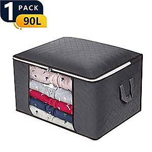 Large Capacity Clothes Storage Bag - Clothes Storage Bins - Clear Window Zipper Storage Bags with Reinforced Handle Thick Fabric for Comforters, Blankets, Bedding, 24Gal (Grey)