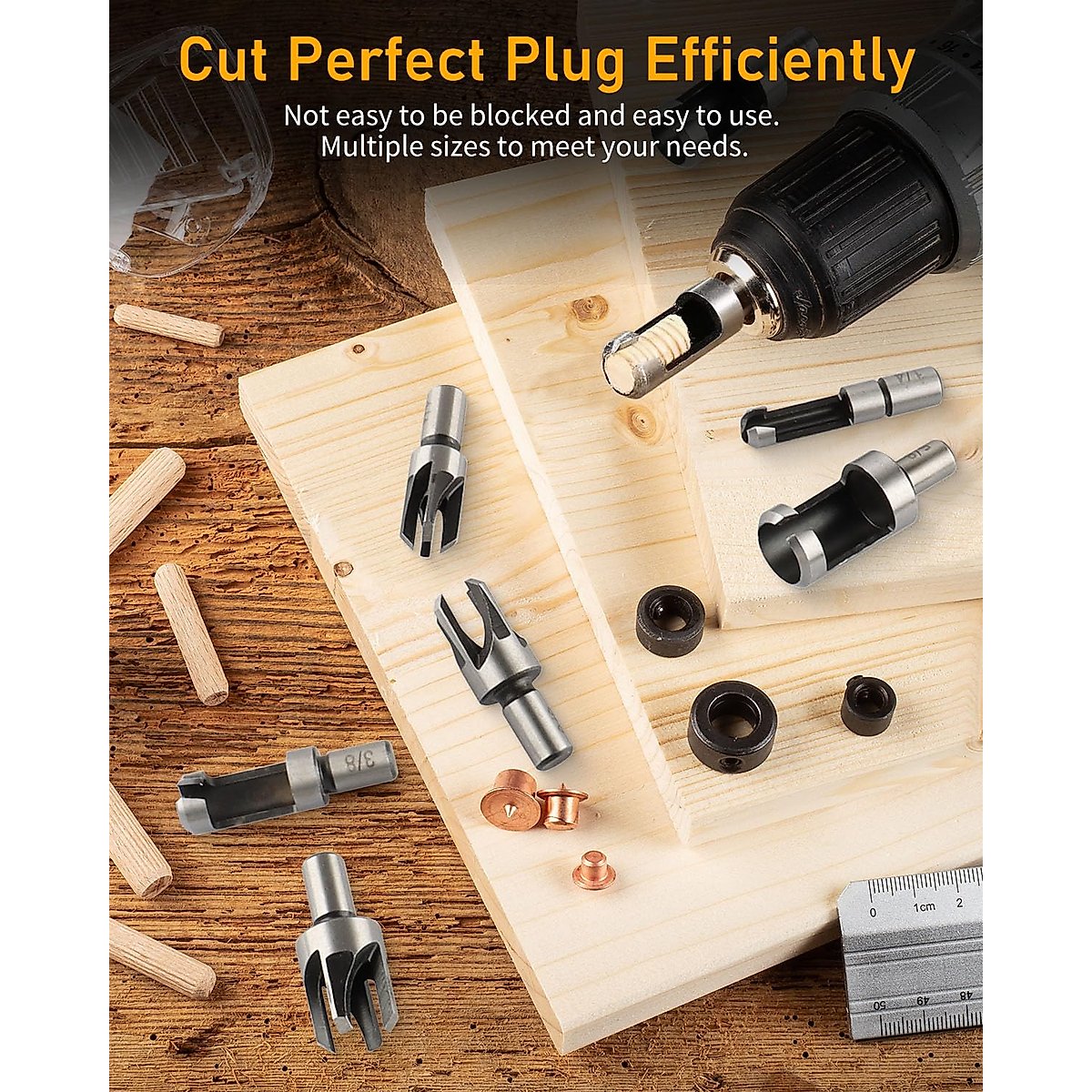 ZORUNNA 34 Pcs Woodworking Chamfer Drilling Tools Including 6 Countersink Drill Bit Set, 7 Countersink Drill Bit, 8 Plug Cutters for Woodworking, 3 Step Drill Bit and 8 Drill Stop Bit Collar Set.