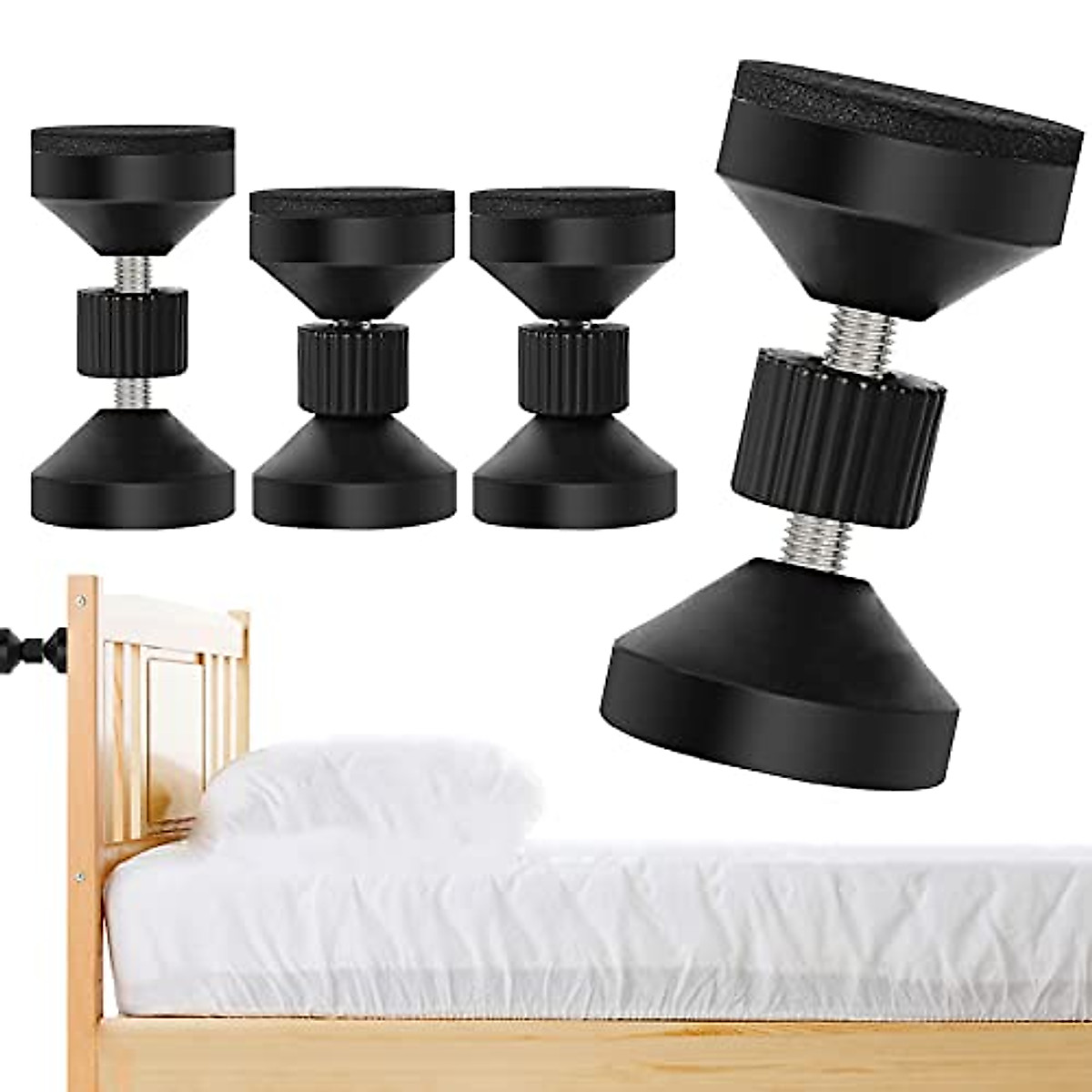 cosbur 4 Pack Adjustable Threaded Headboard Stoppers, Bed Frame Anti-Shake Tools, Headboard Bumper, Bedside Headboards Prevent Loosening Anti-Shake Fixer, Bed Accessories (1.8-2.5in)(Black)