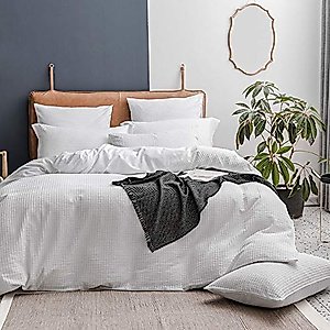 Merryfeel Seersucker Duvet Cover Set Queen Size - White Seersucker Textured Striped Bedding Set 3 Pieces (1 Duvet Cover + 2 Pillow Shams, 90 x 90 inches)