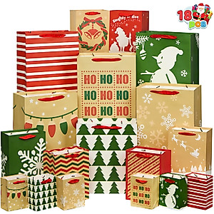 JOYIN 18 PCS Christmas Premium Holiday Gift Bags Assorted Sizes Creamy Kraft Style Prints (Small 5.5 Medium 9” Large 13”) for Xmas Party Favors Decoration, Holiday Present Wrap Décor
