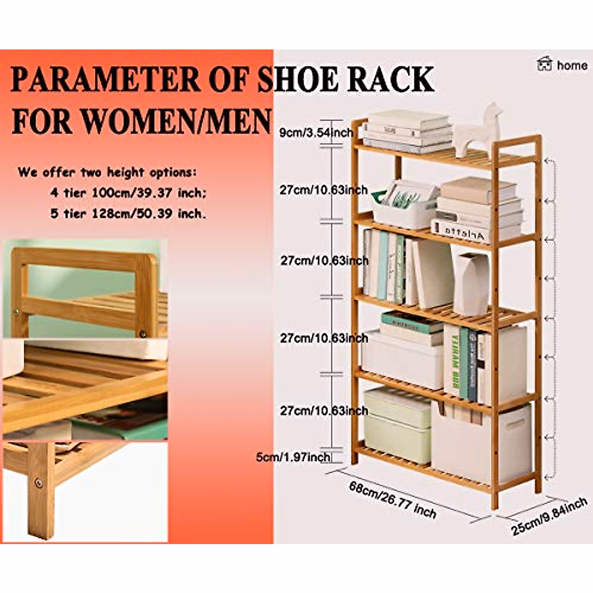 5 Tier Shoe Rack, Adjustable Boot Rack Shelf, Wood Boots Rack for Women, Bamboo Shoe Rack for Adult, Shoes Organizer for Entryway, Design Yourself, 16-20 Pairs, Easy Installation, 50"H x 10"W x 27"L