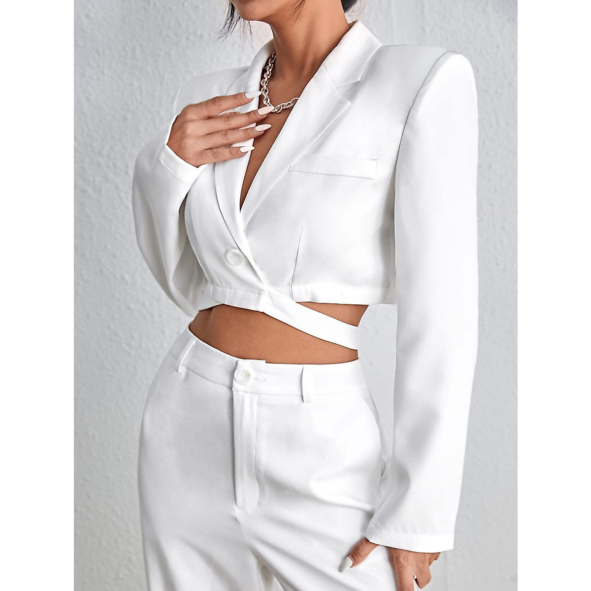 Milumia Women's Shoulder Pad Tie Back Long Sleeve Lapel Crop Wrap Blazer Jacket Outerwear White Medium