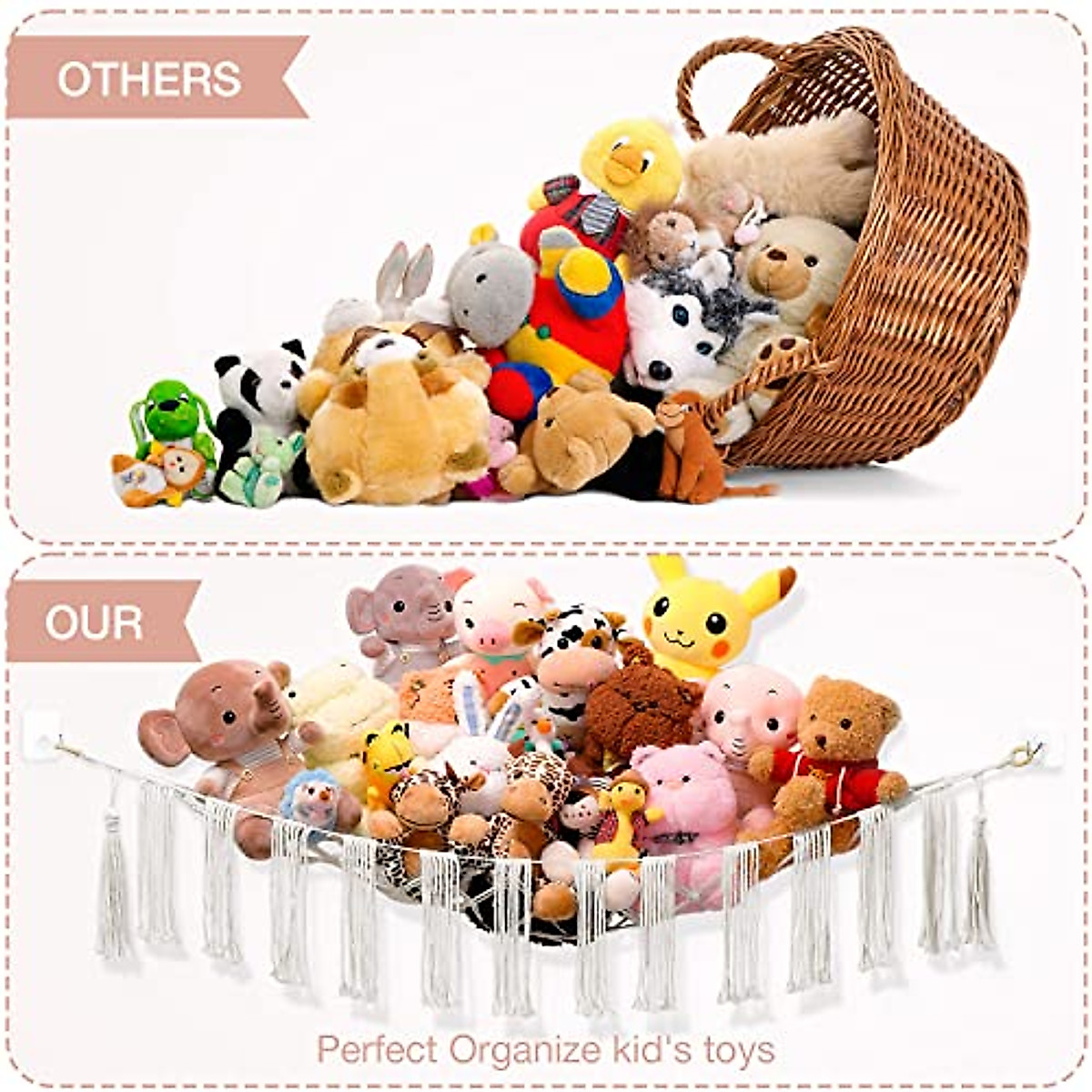 2 Pack Stuffed Animal Toy Hammock Net Macrame Boho Toy Hammock Hanging Stuff Animals Storage Organizer Large Stuffed Toys Corner Mesh Hammock with Hooks and Screw for Nursery Play Bedroom Kid Room