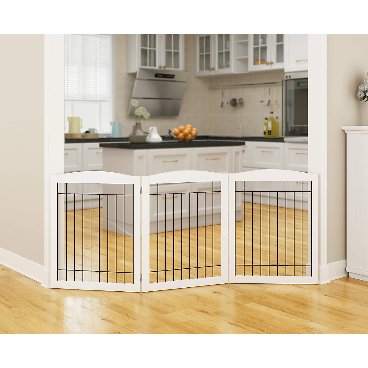 PAWLAND Extra Wide Dog gate for The House, Doorway, Stairs, Freestanding Foldable Wire Pet Gate, Pet Puppy Safety Fence, 30" Height (White, 3 Panels)