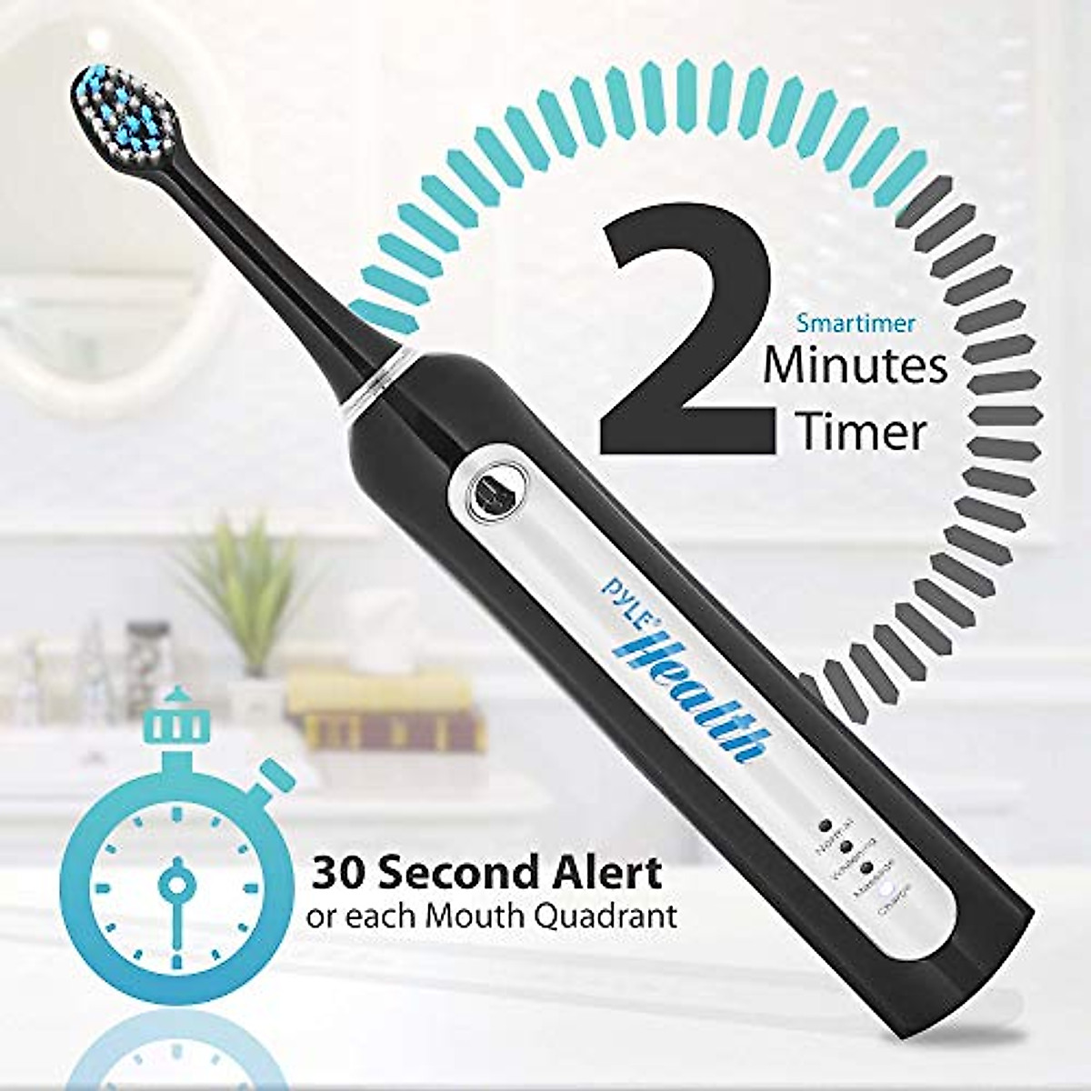 Pyle Health Ultra sonic Wave Rechargeable Electric Toothbrush with 3 brush modes, two minute timer, 2 Oral Brush Heads, Automatic Charging Dock Holder - For Kids, Teens, Adults - PHLTB41BK (Black)