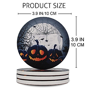 Halloween Pumkins Drink Coasters Set of 6 with Holder Absorbent Ceramic Coasters for Wooden Table, Cute Rustic Round Coasters Cork Base Party Halloween Decor House Warming New Home Gift