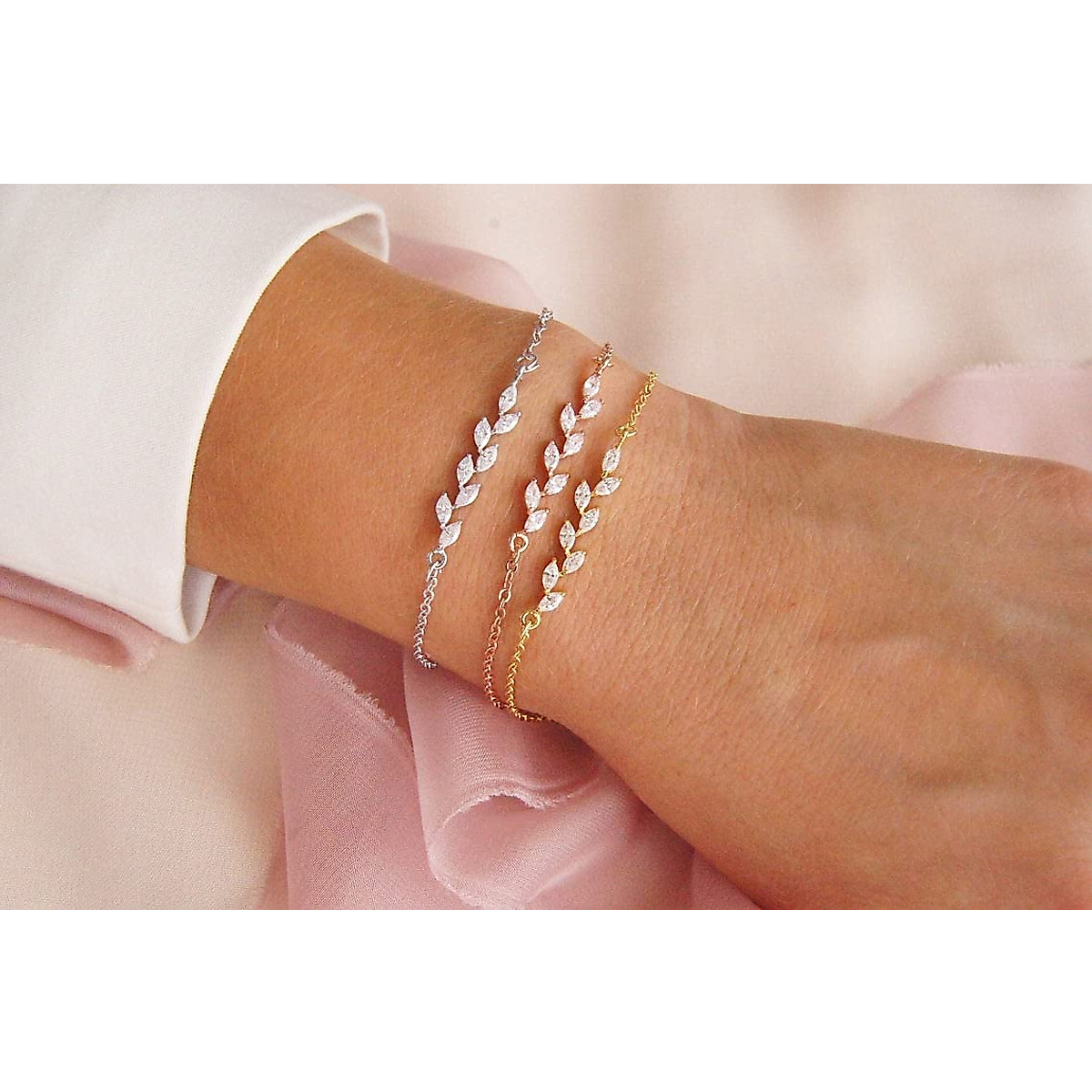 VIROMY Dainty Cubic Zirconia Leaf Bracelet for Women 18K Gold Filled Minimalist CZ Leaves Bracelet Delicate Simulated Cubic Zirconia Olive Leaf Bracelets Everyday Jewelry Gifts for Brides