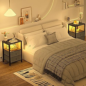 Cyclysio Night Stands Set of 2 with Charging Station, Night Stand with LED Lights, 25.6'' End Table Bedside Tables with 2 Drawers, 3 Tier Tall Night Stand with Storage for Bedroom Living Room, Black