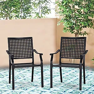 PHI VLLA Black Metal Patio Stacking Chairs Wave Back Indoor Outdoor Dining Set Wrought Iron Chair with Arm, Set of 2