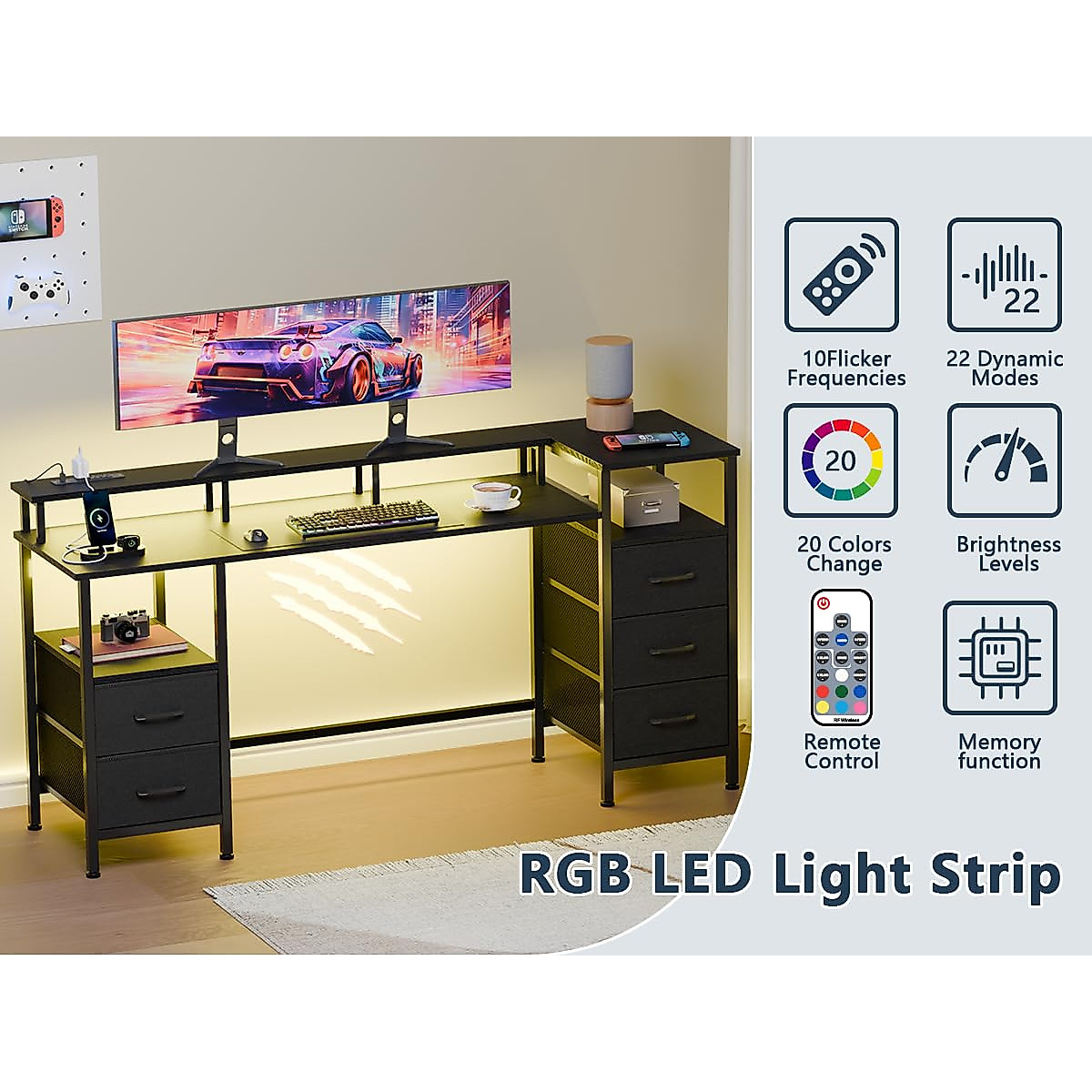 Korfile Computer Desk with Power Outlets & LED Lights, Reversible Gaming Desk with 5 Fabric Drawers for Bedroom, 55 Inch Home Office Desk with Monitor Stand & Storage Shelves for Working, Black