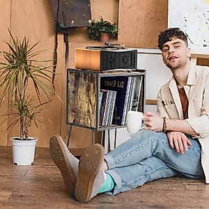 RUILALIFE Record Player Stand Table with Vinyl Holder, 3 Tier Turntable Stand with Albums Storage Shelf，Small Side Tables for Small Spaces, End Table with Drawer for Bedroom Living Room (Cabinet)