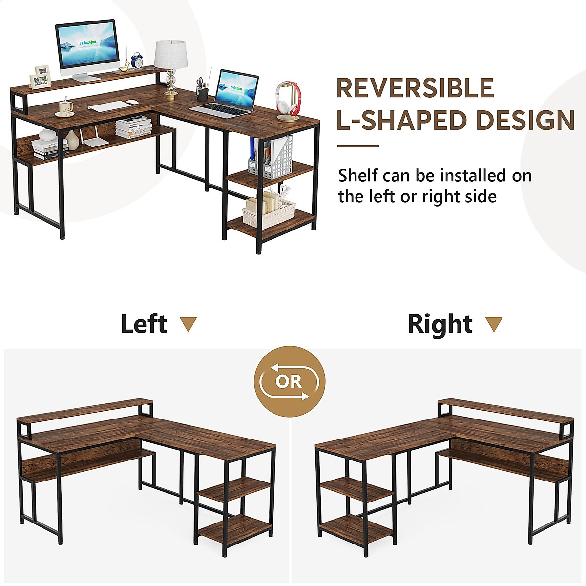 Tribesigns Reversible L Shaped Desk, L Shape Computer Table with Monitor Stand and Storage Shelves, Industrial Corner Desk with Printer Space, Work Desk for Home Office, Small Spaces