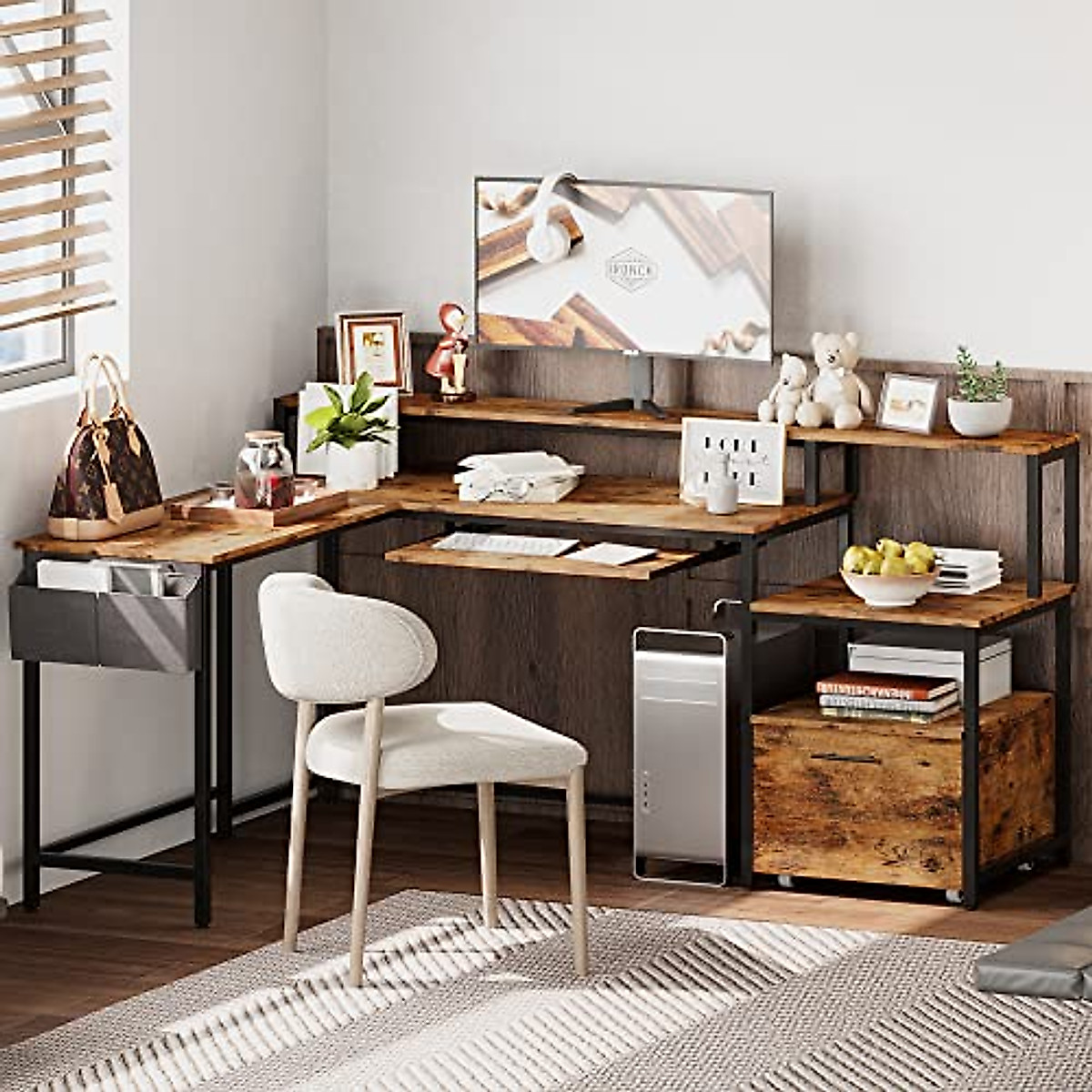 IRONCK L Shaped Computer Desk, 66" Corner Desk with Power Outlet, File ...