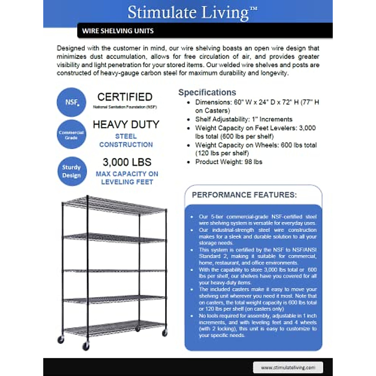 60" x 24" x 72" Black 5-Tier Wire Shelving NSF 3000 LBS Max Capacity Heavy Duty Steel Storage Rack for Restaurant, Warehouse, Commercial, Industrial, and Hospital Uses (Includes Casters)