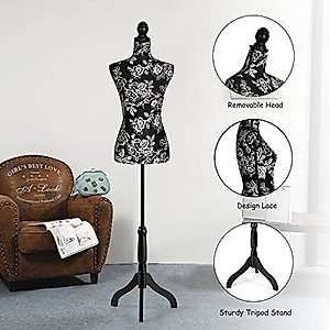 Female Mannequin Torso Dress Form Height Adjustable Pinnable Mannequin Body with Sturdy Tripod Stand for Home Decor, Jewelry & Clothing Display, White Flower