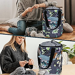 PAVILIA Knitting Bag Crochet Organizer Bag, Yarn Storage Tote, Knitting Accessories Supplies, Yarn Holder for Knitting with Grommets, Needles Hooks Essentials, Crochet Project Case (Floral Gray)