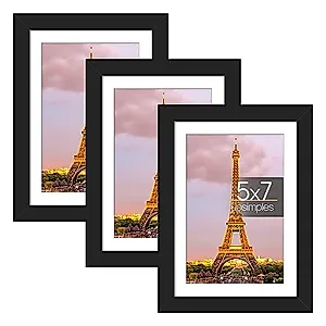 upsimples 5x7 Picture Frame Set of 3, Made of High Definition Glass for 4x6 with Mat or 5x7 Without Mat, Wall and Tabletop Display Photo Frames, Black