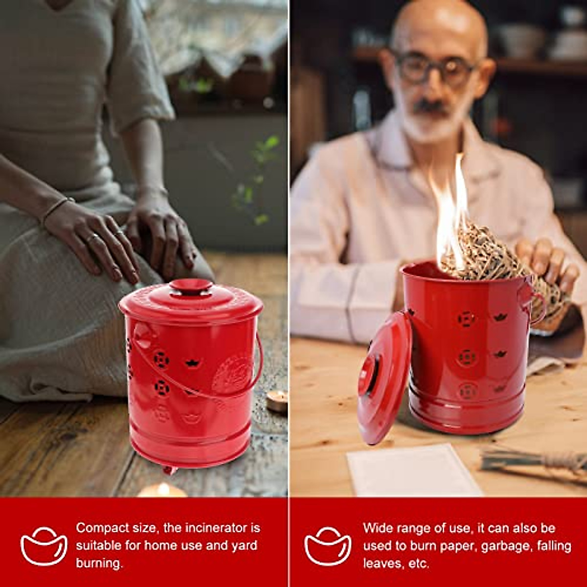 HEMOTON Metal Garden Incinerator Can, Stainless Steel Burn Barrel Incinerator Cage Barrel Fire Pit with Burning Tongs, Fire Bin Burning Leaves, Furnace Burning Bin for Yard Home Outdoor, Red