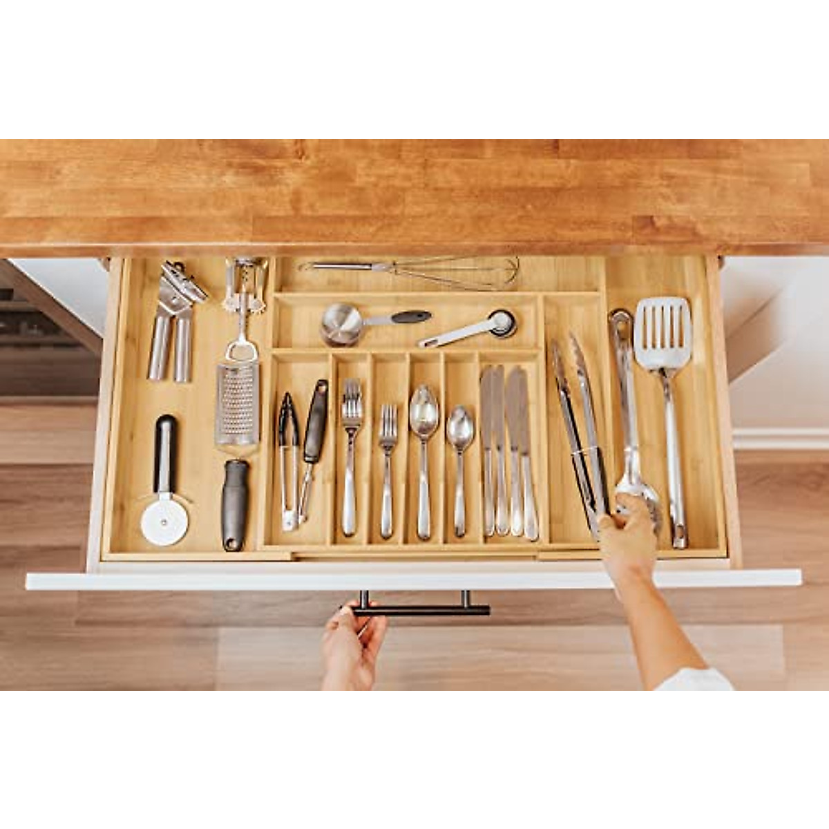 KitchenEdge Premium Silverware, Flatware and Utensil Organizer for Kitchen Drawers, Expandable to 33 Inches Wide, 11 Compartments, 100% Bamboo