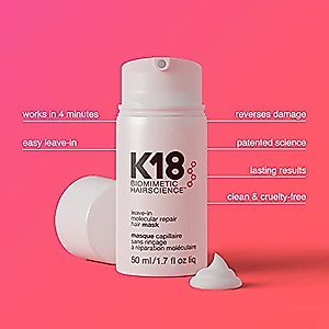 K18 Leave-In Molecular Repair Hair Mask Treatment to Repair Damaged Hair - 4 Minutes to Reverse Damage from Bleach, Color, Chemical Services, 50 ml