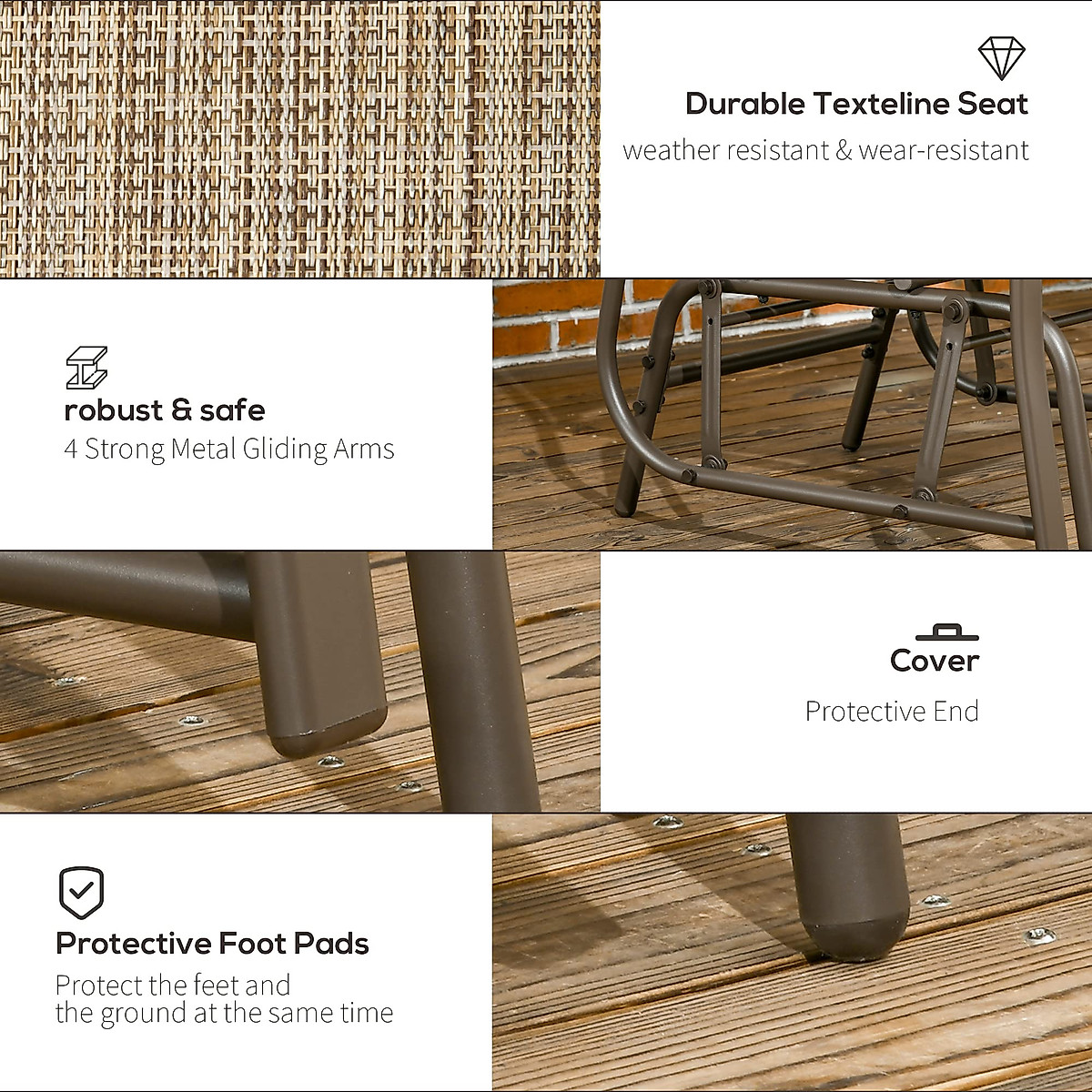 Outsunny Outdoor Glider Chairs with Coffee Table, Patio 2-Seat Rocking Chair Swing Loveseat with Breathable Sling for Backyard, Garden, and Porch, Light Brown