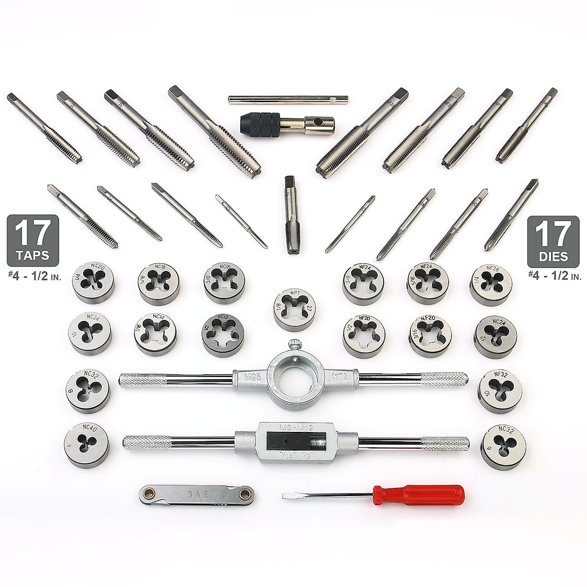80-Piece Premium SAE and Metric Tap and Die Set - SAE Inch Size #4 to 1/2” and Metric Size M3 to M12, with Coarse, Fine and Pipe Threads | Essential Threading Kit with Complete Handles and Accessories