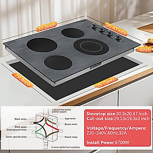 Karinear Electric Cooktop 30 Inch, 4 Burners Electric Stove Knob Control, Built-in Electric Ceramic Cooktop with Beautiful Woodgrain Pattern Glass Surface, 6700W, 220-240v Hard Wired(No Plug)