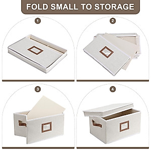 Storage Boxes with Lids, 3 Pack Fabric Collapsible Storage Organizer Container with Leather Handle, 15.25 x 10.75 x 8.25 inch Rectangular Storage Bins Baskets for Shelves Home Nursery, Ivory White