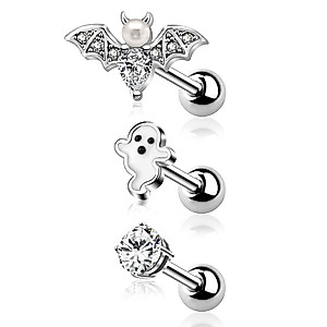 Jewseen 16g Cartilage Earring 3pcs Conch Earring 316L Stainless Steel Helix Earring Bat Tragus Earrings Ghost Piercing Jewelry for Halloween Day