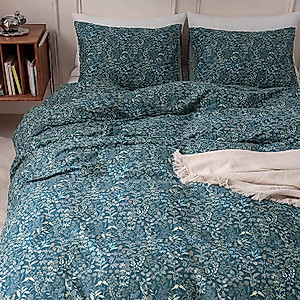EAVD Garden Style Botanical Floral Duvet Cover Twin Soft 100% Cotton Yellow Floral Leaves Pattern Bedding Set with 2 Pillowcases Reversible Girld Plaid Duvet Cover with Zipper Closure
