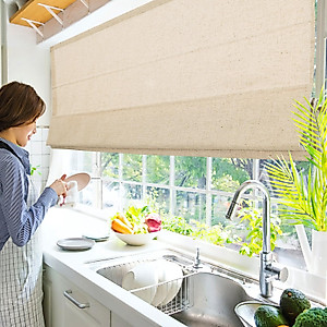 Cordless Roman Shades Window Blinds Thermal Room Darkening Fabric Roman Shades for Living Room, Beige