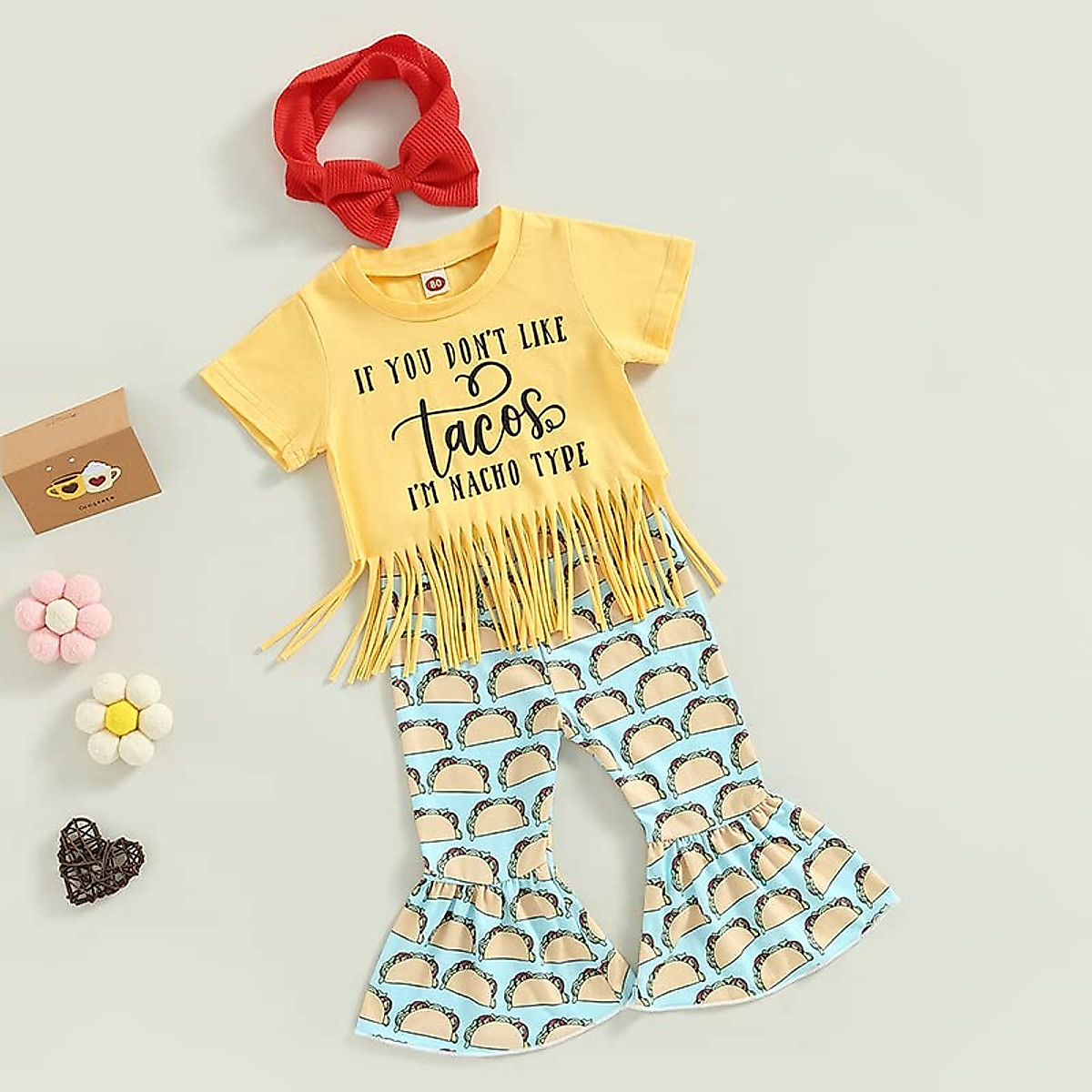 Toddler Baby Girl Summer Clothes Short Sleeve Tshirt Tassel Top Bell Bottoms Pants Spring Outfit Boho Clothing (Yello-Tacos Nacho,6-12 Months)