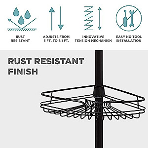 Zenna Home Rust-Resistant Corner Shower Caddy for Bathroom, 4 Adjustable Shelves with Towel Bar and Hooks, with Tension Pole, for Bath and Shower Storage, 60-97 Inch, Bronze