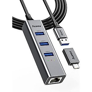 Aceele USB C to Ethernet Adapter, 3.3ft Long Cable, Aluminum USB-C Hub with 4 USB 3.0 Ports, Thunderbolt 3/USB-C to RJ45 Gigabit Ethernet LAN Network Adapter Multiport for MacBook Pro/Air, iPad Pro