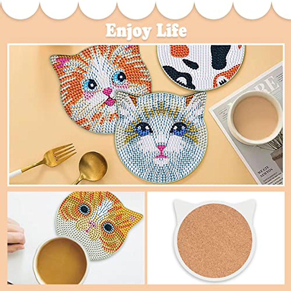 MVVMTOP 6 Pcs Diamond Painting Coasters with Dimensional Holder, DIY Non-Slip Cat Coaster Diamond Art Kits for Beginners, Kids and Adults Craft Supplies