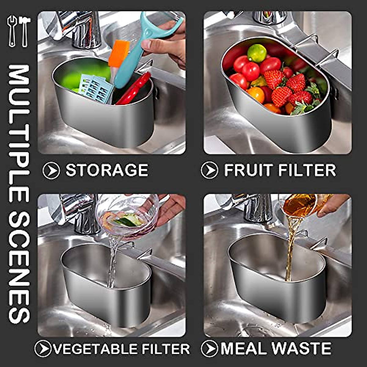 Multifunction Sink Drain Strainer Basket, Stainless Steel Sink Drain Strainer Basket Kitchen Food Catcher for Filter Kitchen Waste and Wash Vegetables