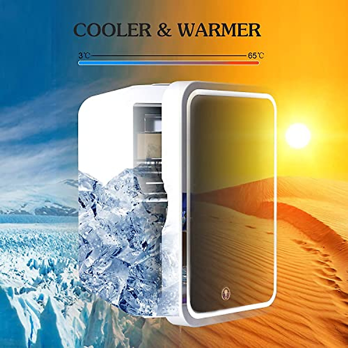 YUNYN Mini Fridge for Bedroom, 8L Skincare Fridge with LED Mirror, Beauty Fridge, Portable Small Refrigerator, Mini Fridge for Makeup, Skincare, Drinks (White)