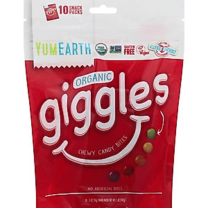 YumEarth Organic Giggles Chewy Candy - Allergy Friendly (Top 9 Free), No Artificial Dyes or Flavors, Non GMO, Gluten Free, Vegan - Individually Wrapped Fruity Snack Packs - 0.5 Ounce (Pack of 10)