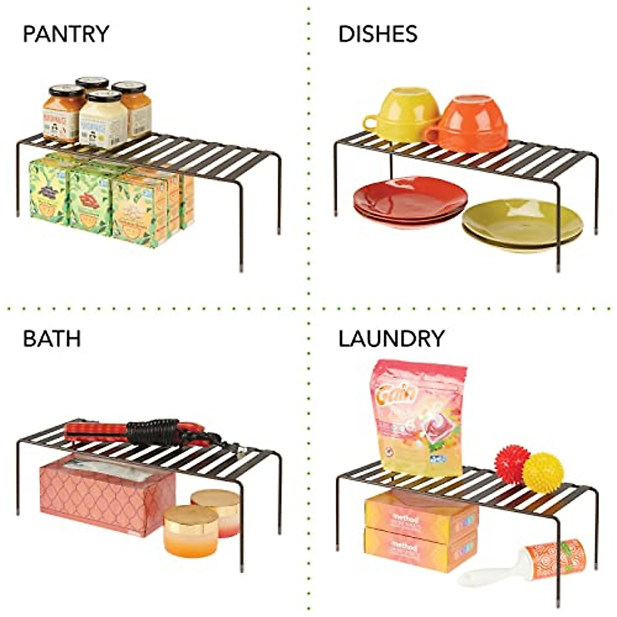 mDesign Modern Metal Storage Shelf Rack - 2 Tier Raised Food and Kitchen Organizer for Cabinets, Pantry Shelves, Countertops Dishes, Plates, Bowls, Mugs, Glasses - 2 Pack - Bronze