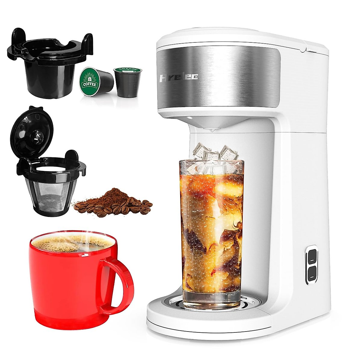 Hrelec 2 in 1 K Cup Coffee Maker, Iced Single Serve Coffee Maker for Capsule and Ground Coffee, Pod Coffee Maker One Cup Small Coffee Machine with Self-Cleaning Function, 8-14 oz Brew Size