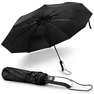 SIATELOO Umbrella For Rain- Portable Folding Windproof Umbrella Compact Automatic Open Umbrellas -46 Inch 10 Ribs UPF 50+ UV Protection black- Travel Essentials