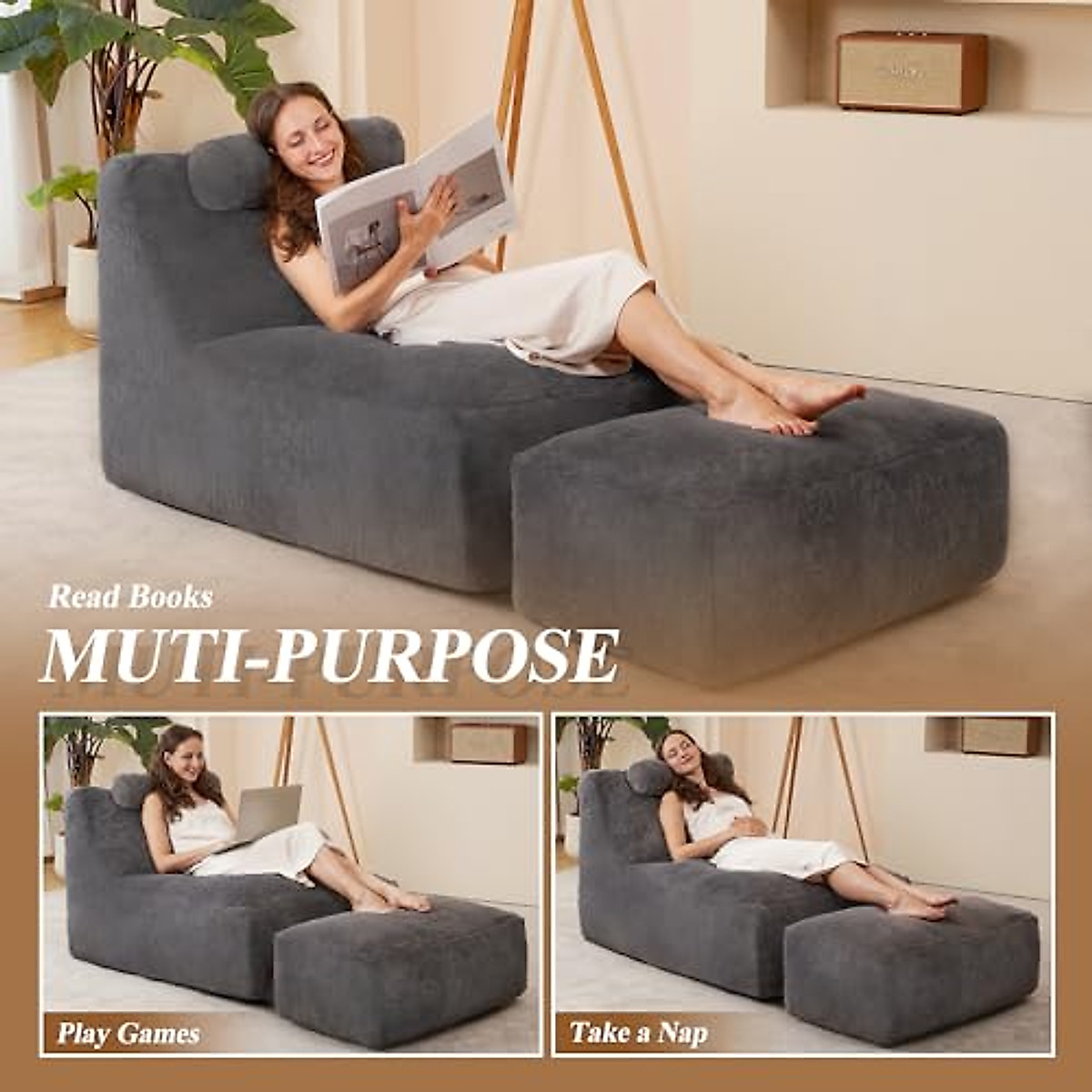 Homguava Bean Bag Chair Large Indoor Beanbag Sofa Lazy Beanbag with Neck Roll&Ottoman Cozy Floor Sofa with Washable Cover&Side Pocket for Bedroom (Grey)