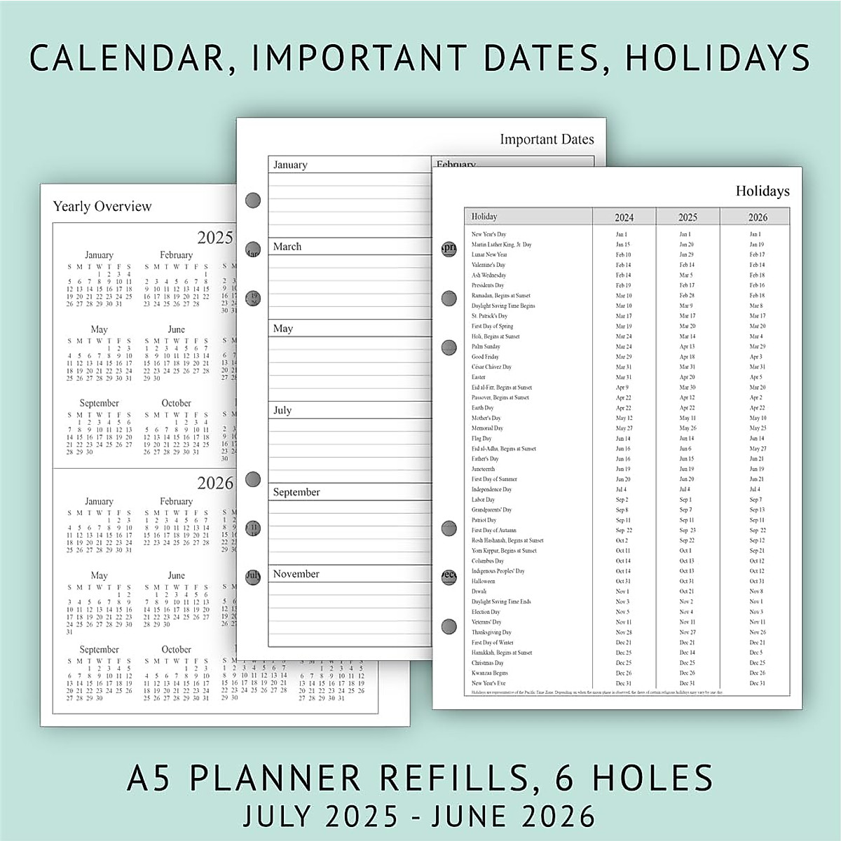 2023 Weekly & Monthly Planner Refill for A5 Ring Binder, 5-1/2" x 8-1/4", from January 2023 to December 2023, 6-Hole Punched