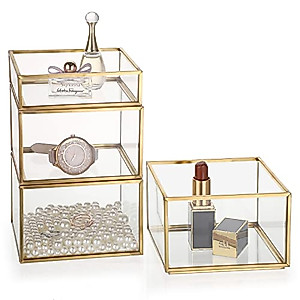 Hipiwe 4-Tiered Gold Glass Jewelry Box Stackable Trinket Organizer Decorative Glass Box Q-tip Holder Cotton Ball and Swab Storage Holder for Bathroom Dresser Office Countertop