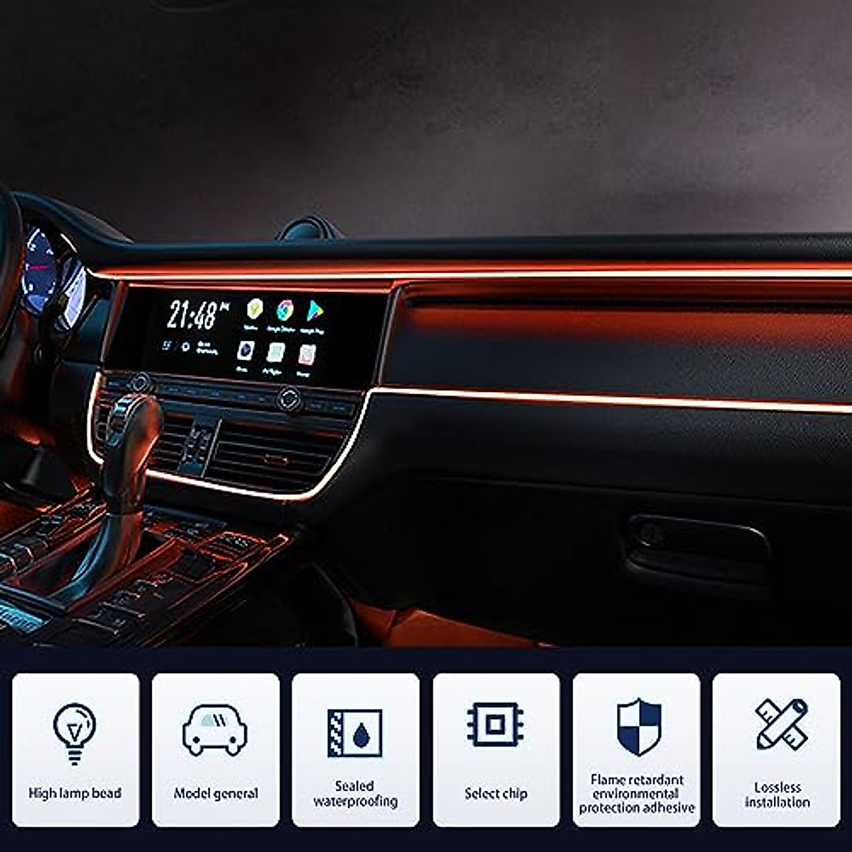 Jawmoy 1 PC Low Energy Consumption Electroluminescent Wire, USB Auto Neon Light Strip, EL Wire Interior Car Led Strip Lights, Car Ambient Lighting Kits, for Most Vehicles (Red)