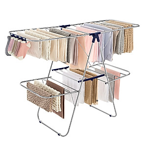 SONGMICS Clothes Drying Rack, Foldable 2-Level Laundry Drying Rack, Free-Standing Large Drying Rack, with Height-Adjustable Wings, 33 Drying Rails, Sock Clips, for Clothes, Sheets, Blue ULLR53BU