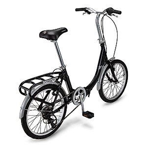 Schwinn Loop Adult Folding Bike for Men and Women, 20-inch Wheels, 7-Speed Drivetrain, Rear Cargo Rack, Carrying Bag, Black